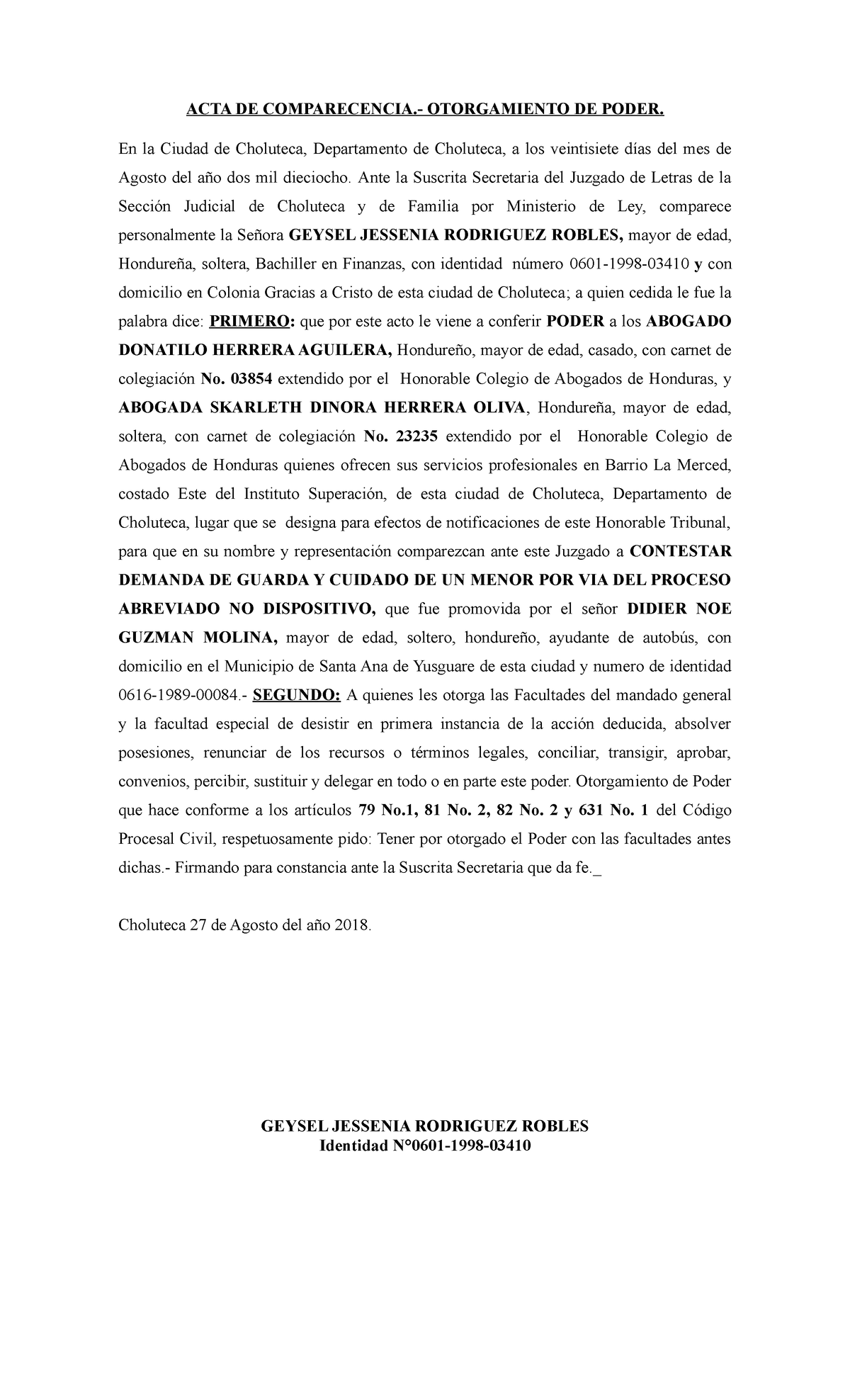 Contestacion Guarda Y Cuidaddo Acta De Comparecencia Otorgamiento