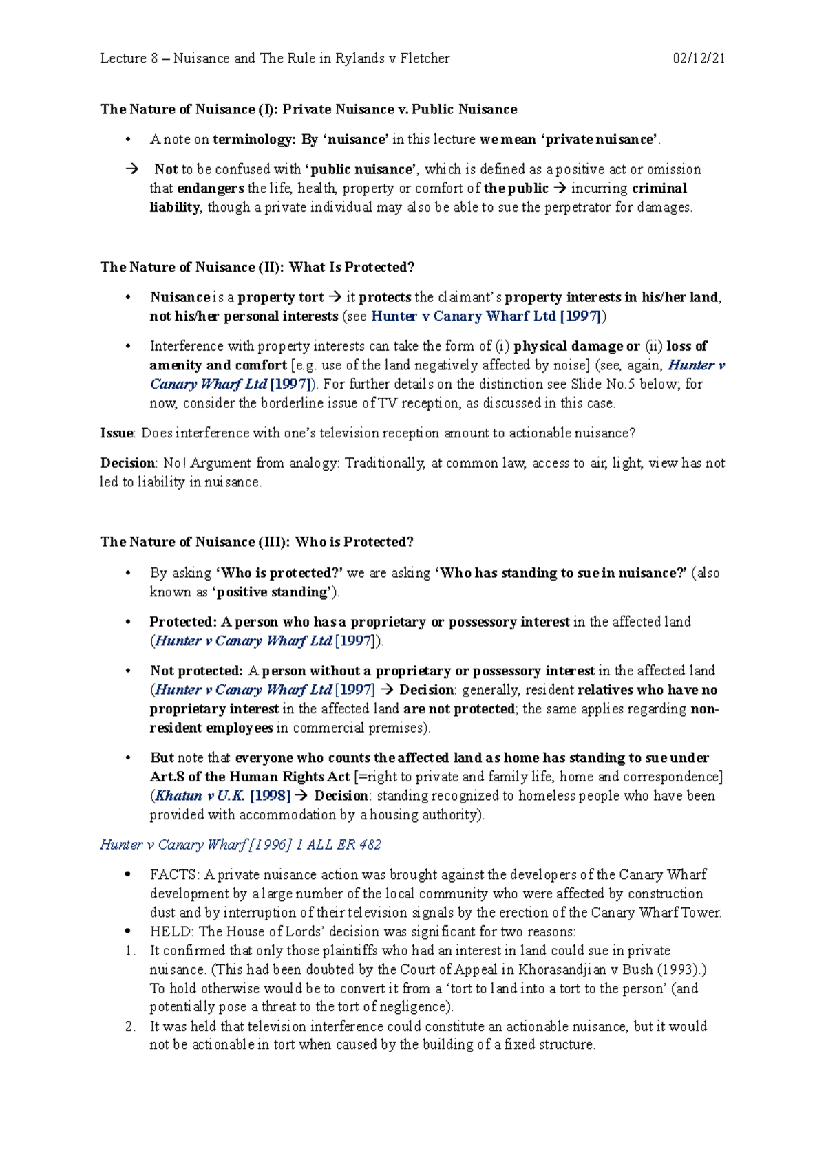 Nuisance And Rylands V Fletcher The Nature Of Nuisance I Private