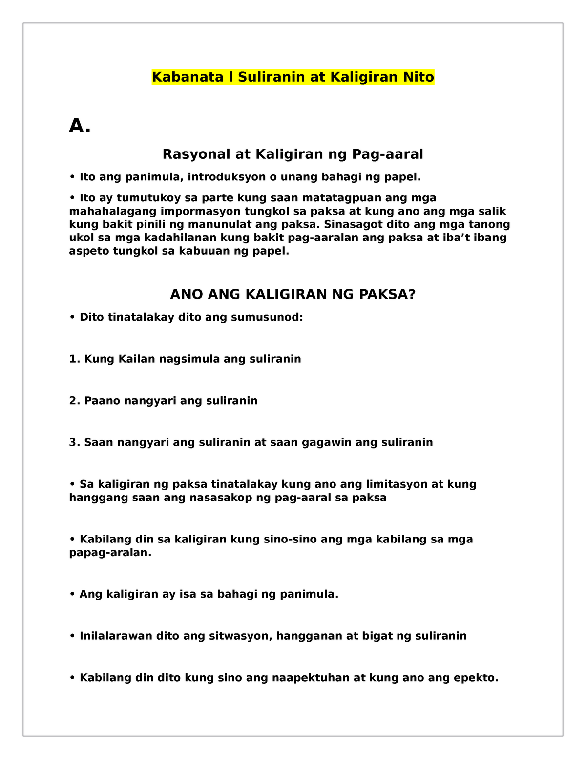 Bahagi Ng Pananaliksik Filipino Gna Activity Kabanata L Suliranin At