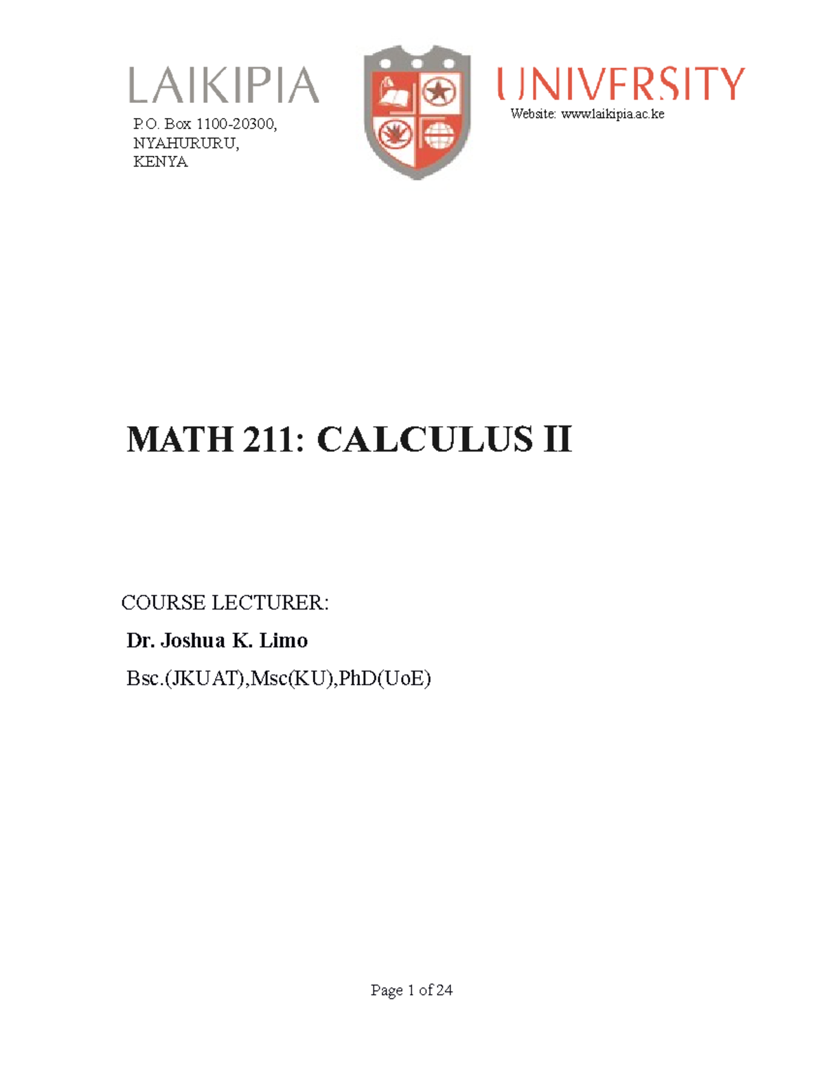 Math 211 Calculus Ii Notes Math 211 C Al C Ul Us Ii Course Lecturer