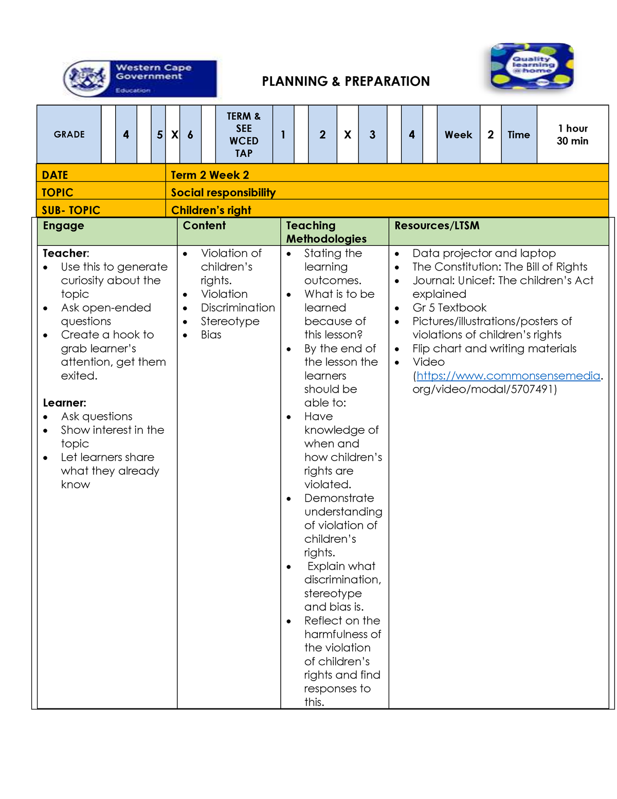 Lesson Plan Gr 5 Life Skills Psw T2 W2 Planning And Preparation Grade