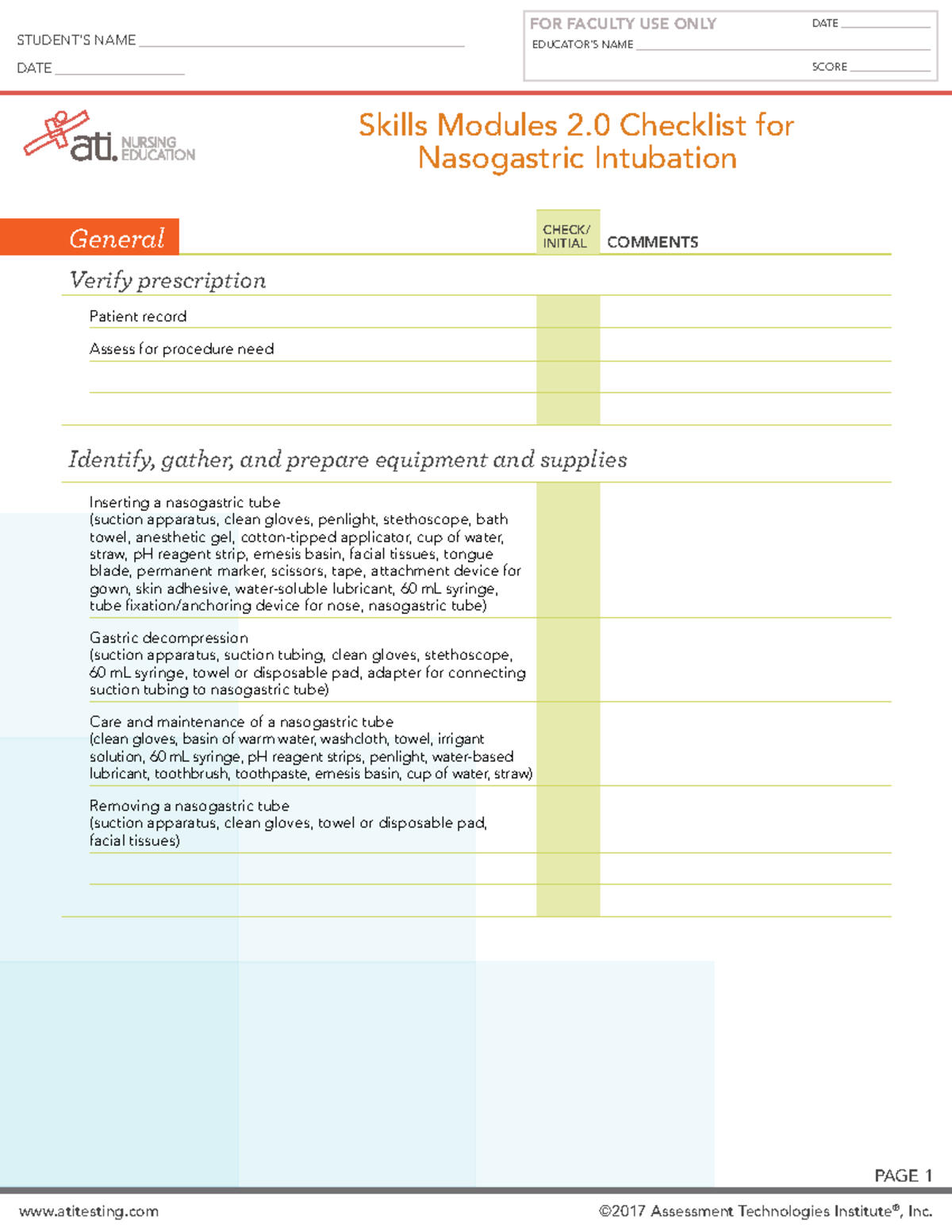 Ng Tube Skill Checklist Educator Implementation Guide Page 1 Student