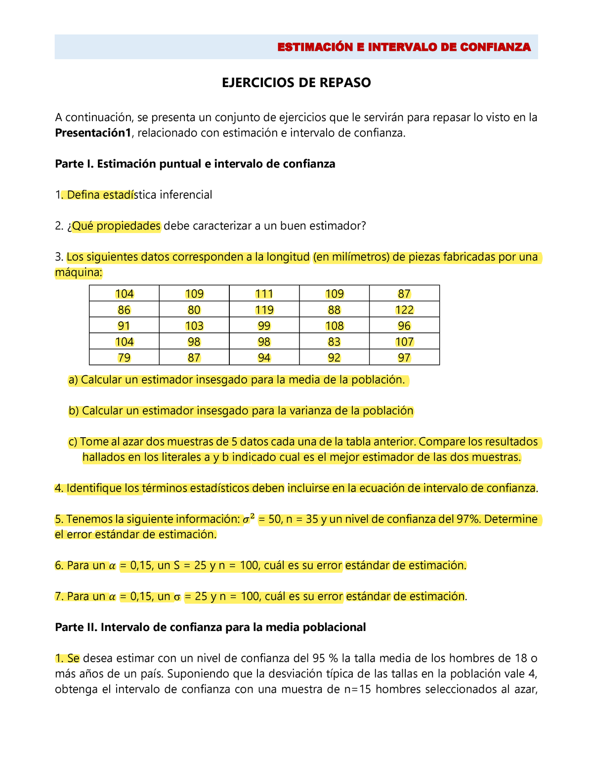 Ejercicios De Repaso De Estimación E Intervalo De Confianzadocx