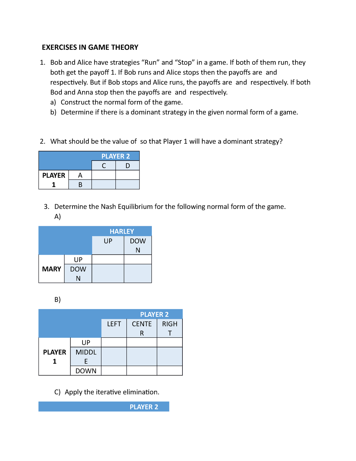 Exercises On Game Theory Exercises In Game Theory Bob And Alice Have