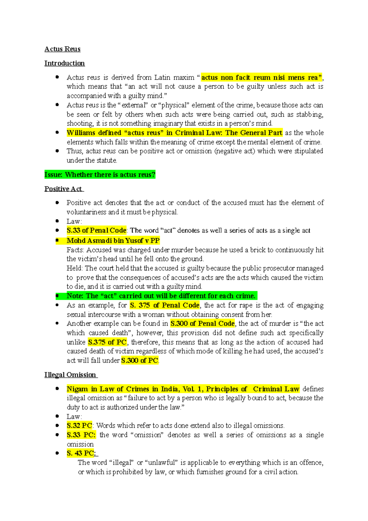 Criminal Law Ar Actus Reus Actus Reus Introduction Actus Reus Is