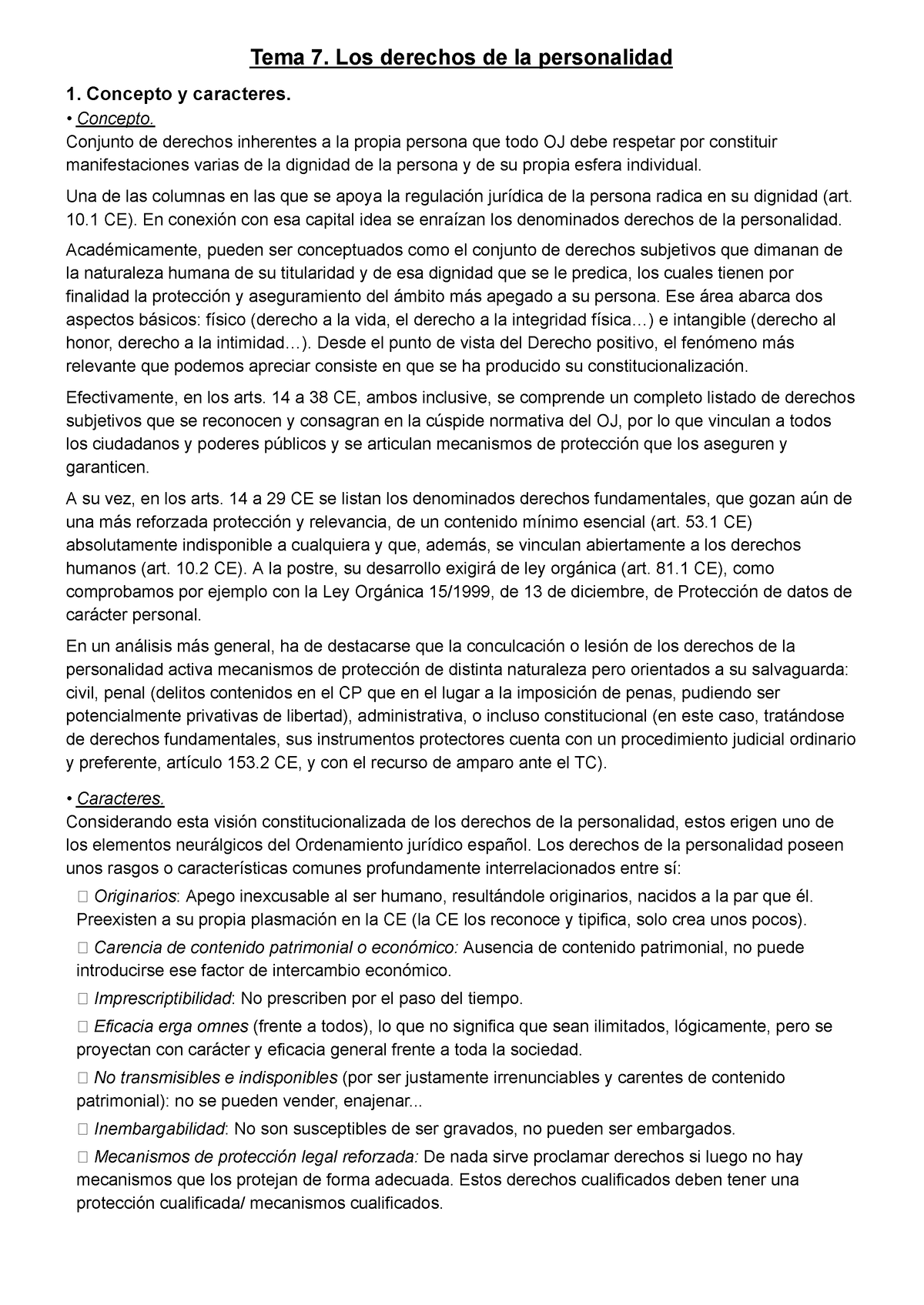 Tema 7 Civil I Teoria Tema 7 Los Derechos De La Personalidad 1