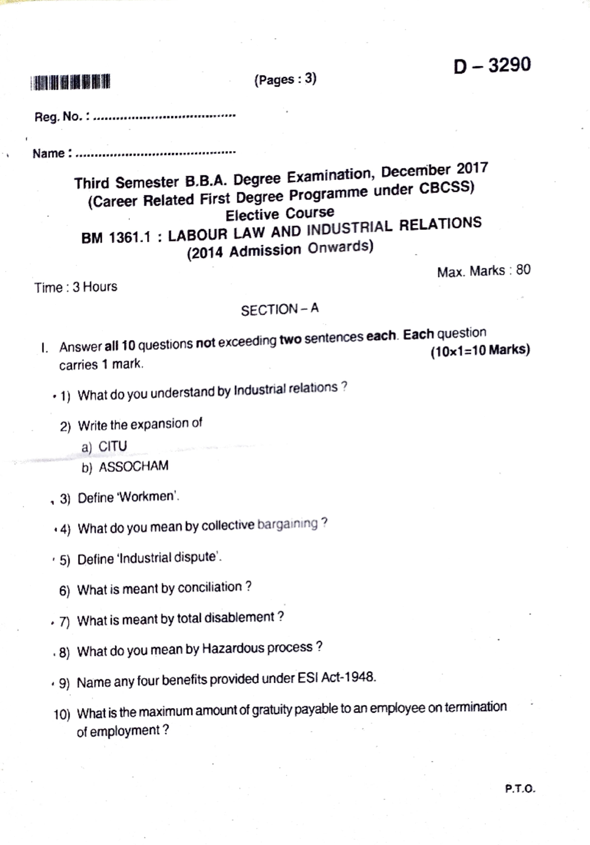 Labour Law And Industrial Relation Previous Question Paper Bm 13611 D