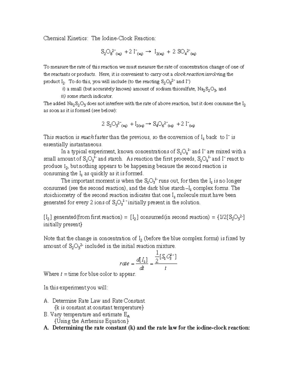 Exp16calcs W Lab Report Chemical Kinetics The Iodine Clock