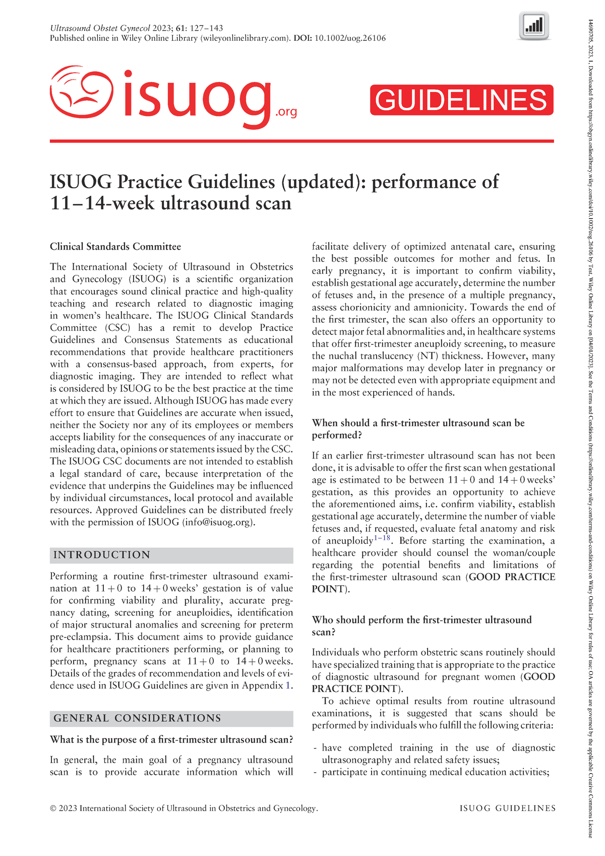 Isuog Practice Guidelines Updated Performance Of 11 14 Week Ultrasound