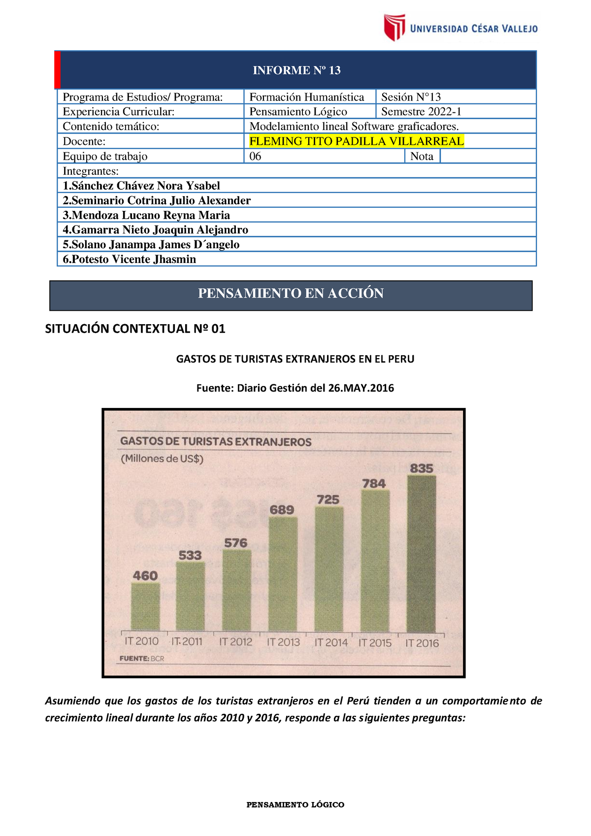 Informe Académico S13 SituaciÓn Contextual Nº 01 Gastos De Turistas