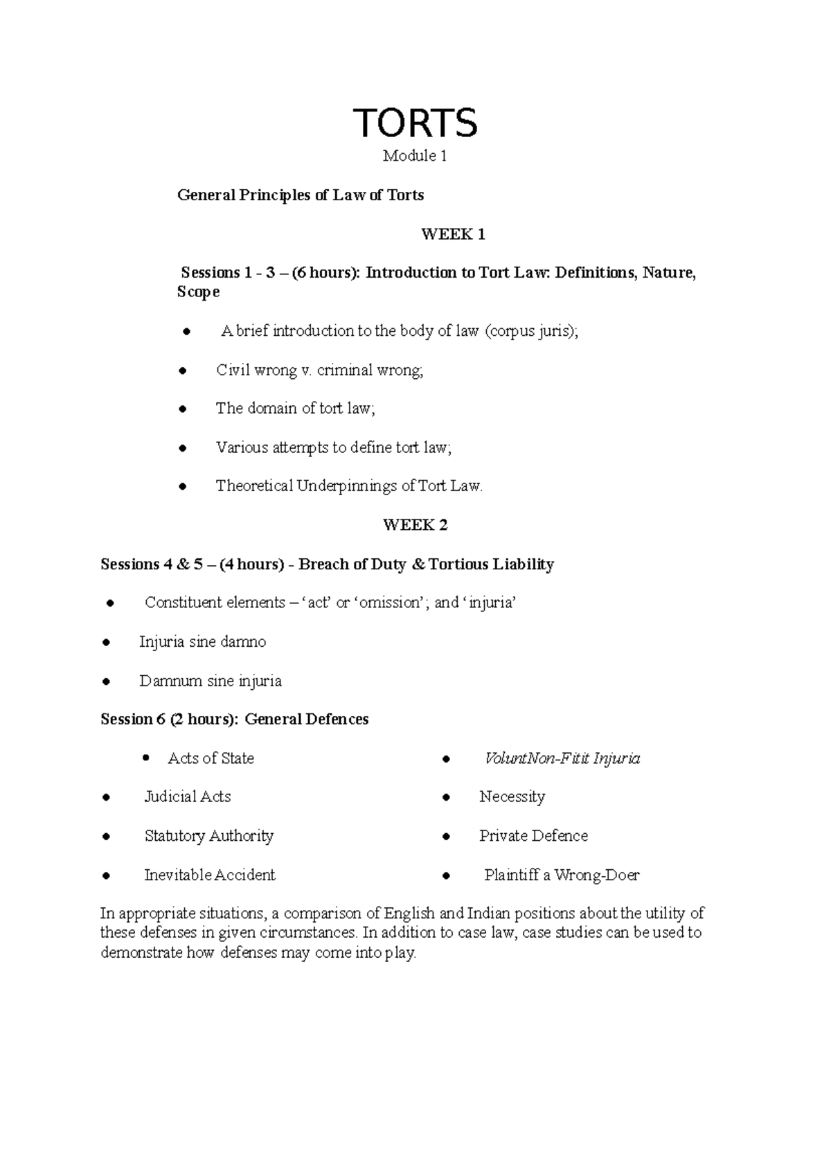 Torts Syllabus Torts Module 1 General Principles Of Law Of Torts Week