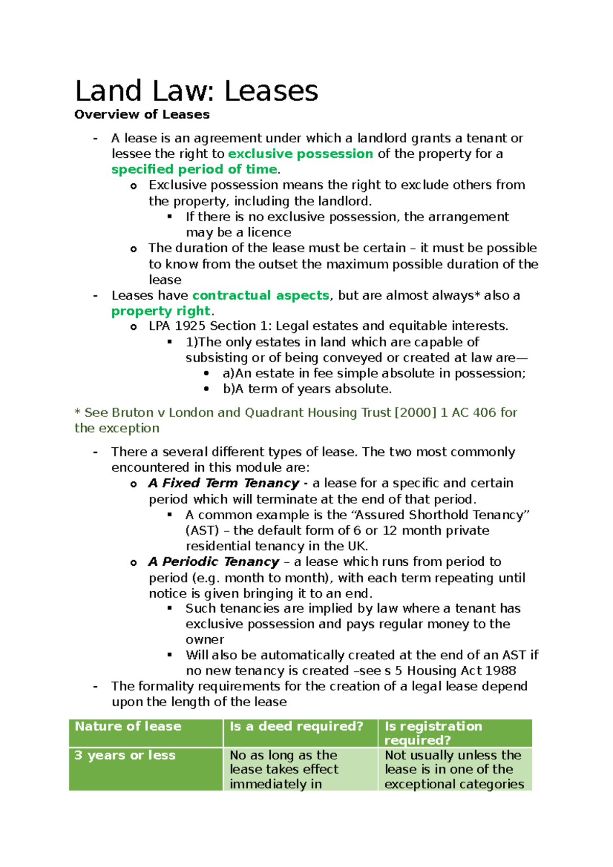 Leases Summary Land Law Notes Land Law Leases Overview Of Leases A