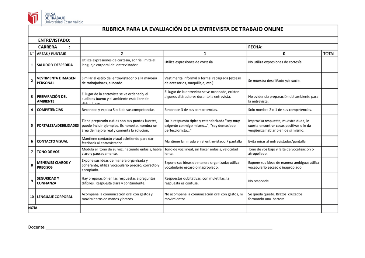 Rubrica Para Evaluar Entrevista Cognicion Sicologia Y Ciencia Cognitiva