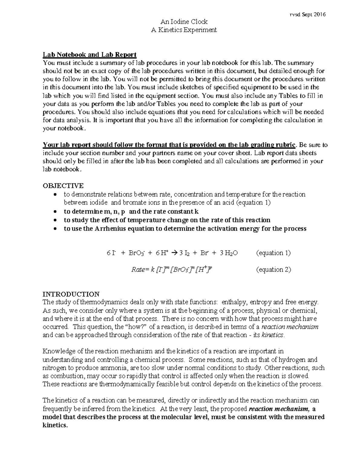 Iodine Clock Fall 2016 Notes An Iodine Clock A Kinetics Experiment