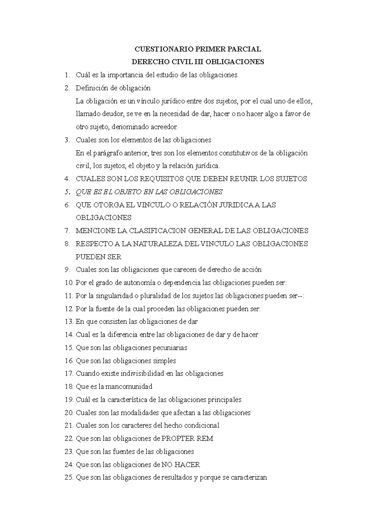 Cuestionario 1 Parcial Obligaciones Cuestionario Primer Parcial