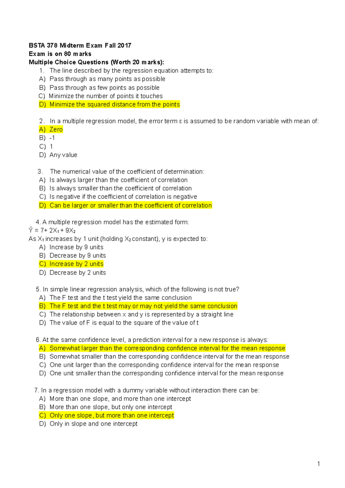 Midterm Exam Questions And Answers Bsta 378 Midterm Exam Fall 2017