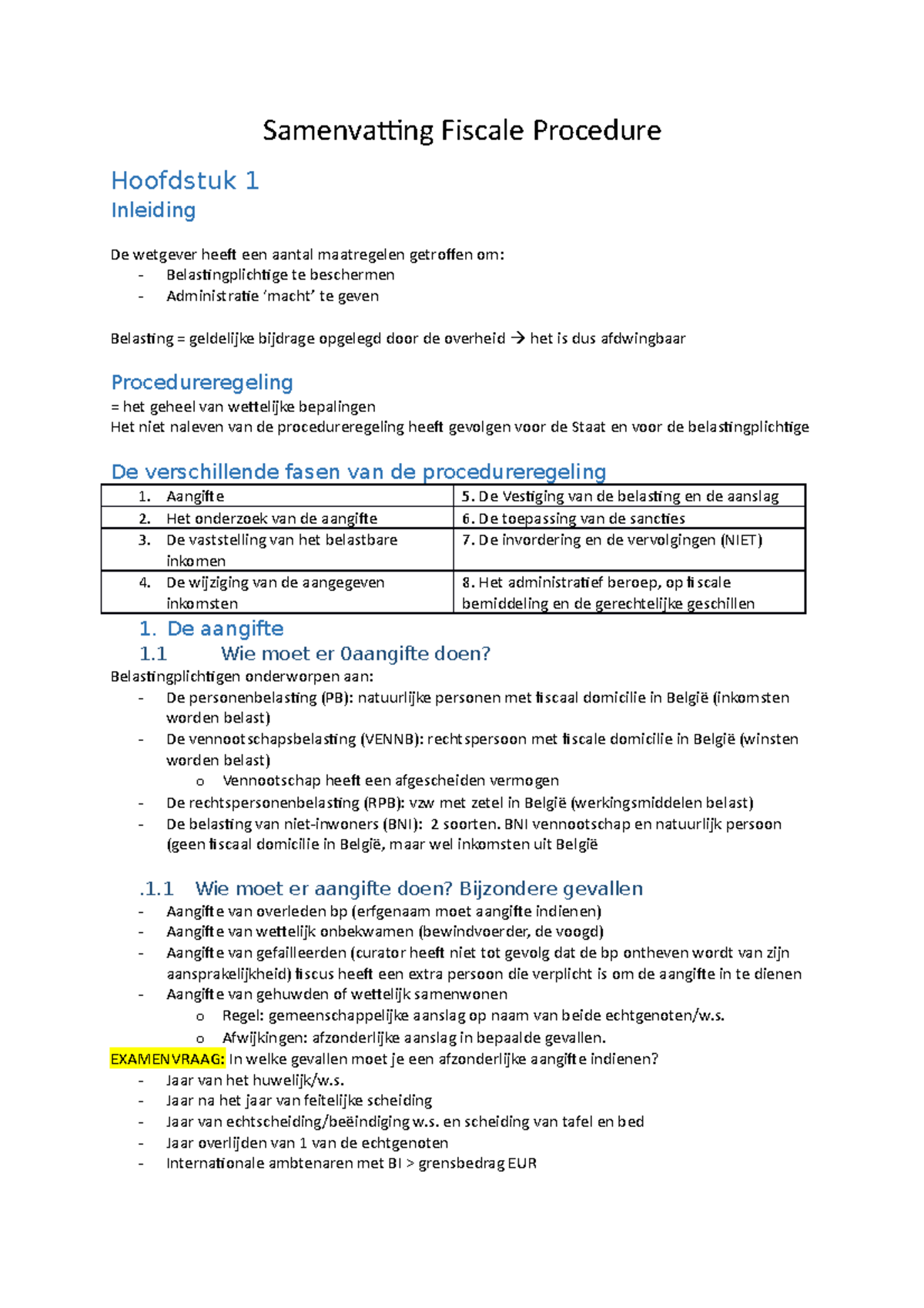 Samenvatting Fiscale Procedure Samenvatting Fiscale Procedure