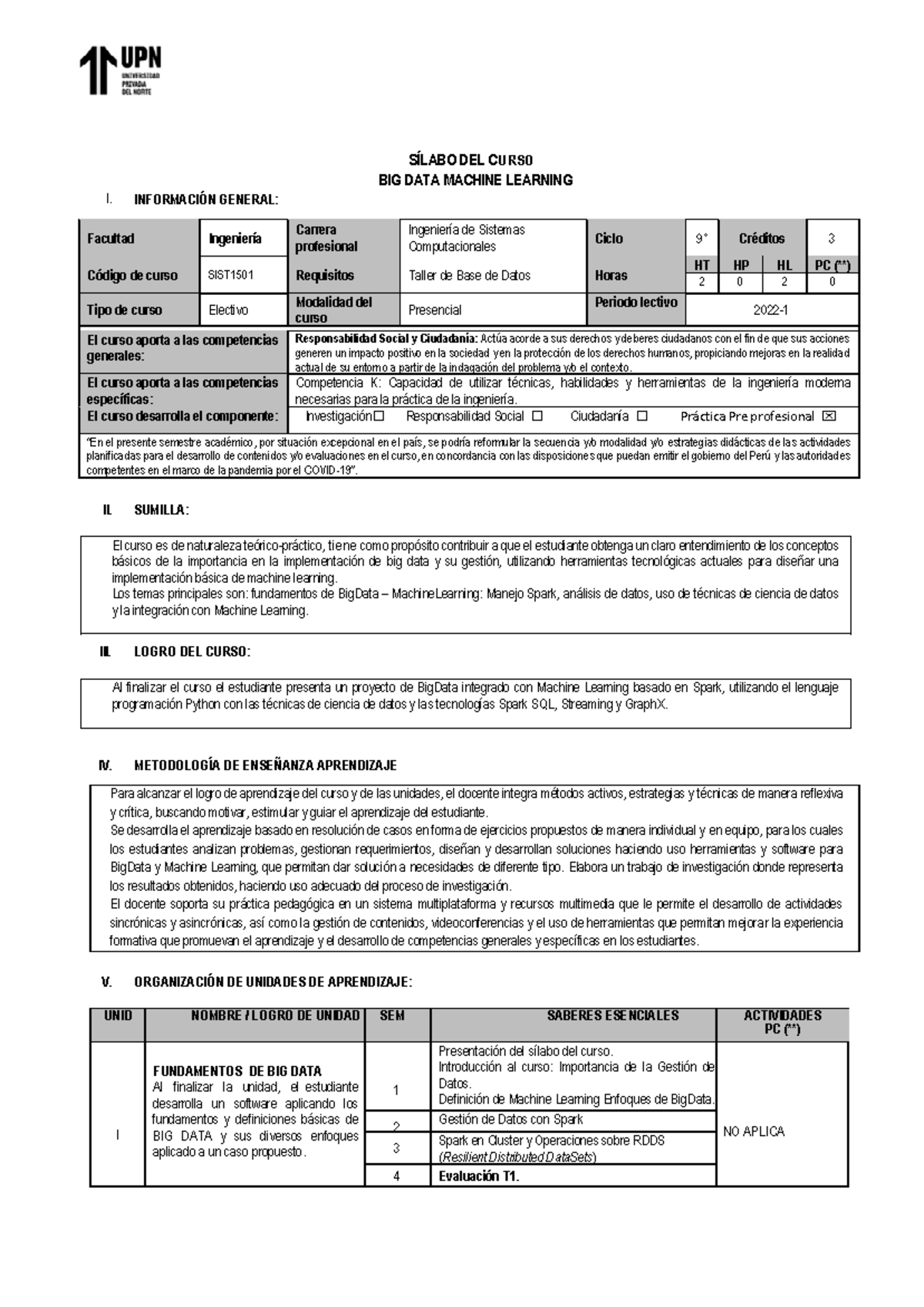 Silabo SÍlabo Del Curso Big Data Machine Learning I InformaciÓn