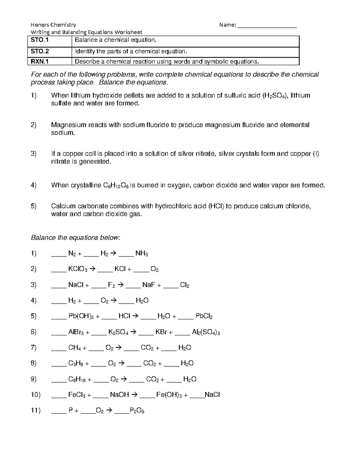 Worksheet Balancing Equations W Answers Writing And Balancing