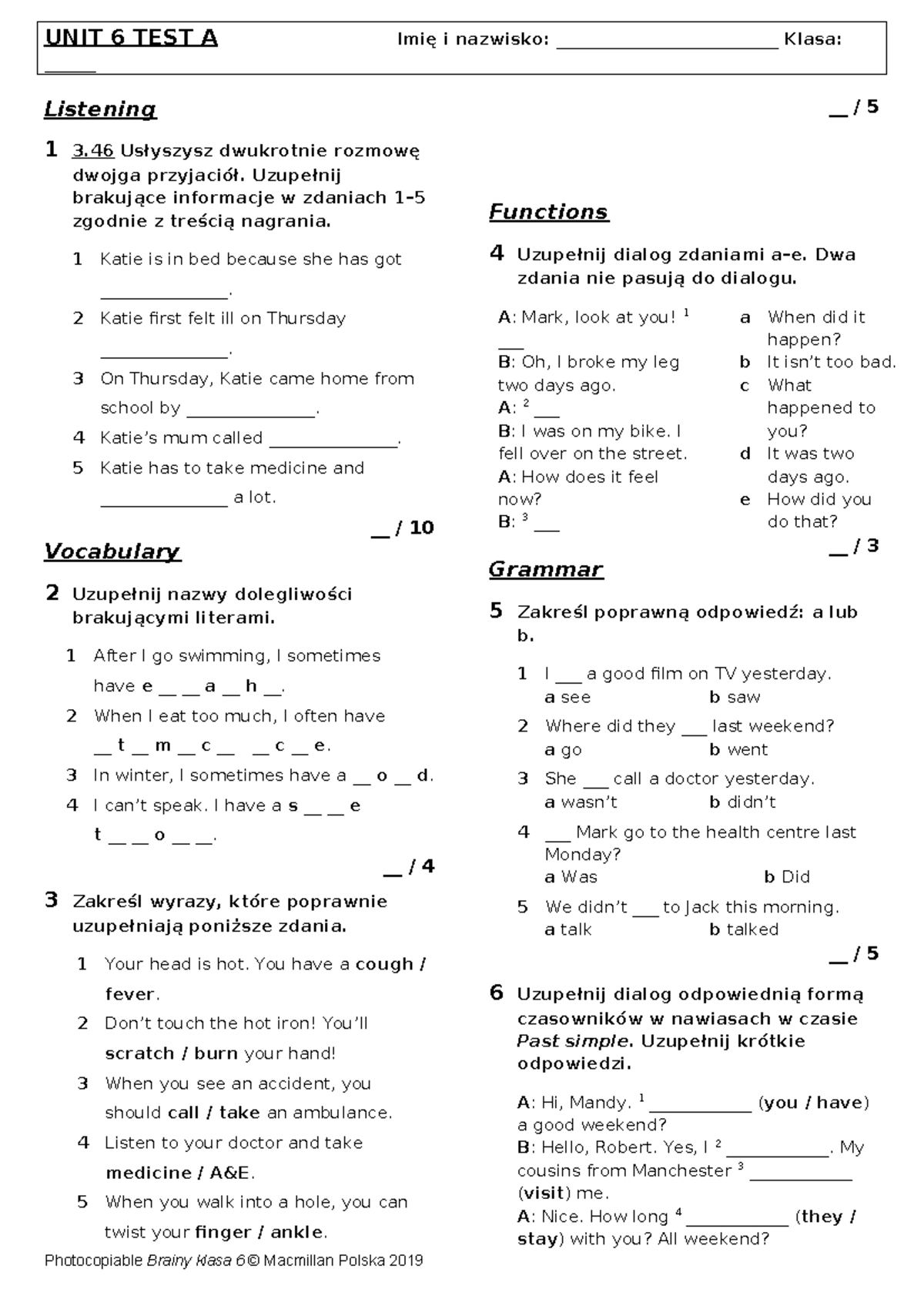 638685379 Brainy Kl6 Unit Test 6 A Unit 6 Test A Imię I Nazwisko