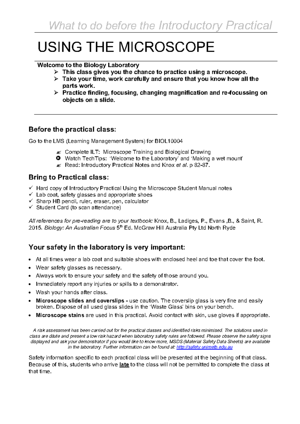 Biol10004 Complete Practical Manual Intro Prac 1 5 Warning Tt