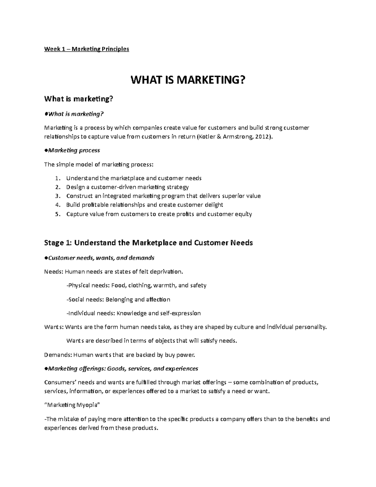 Week 1 Summary Of Week 1 Week 1 Marketing Principles What Is