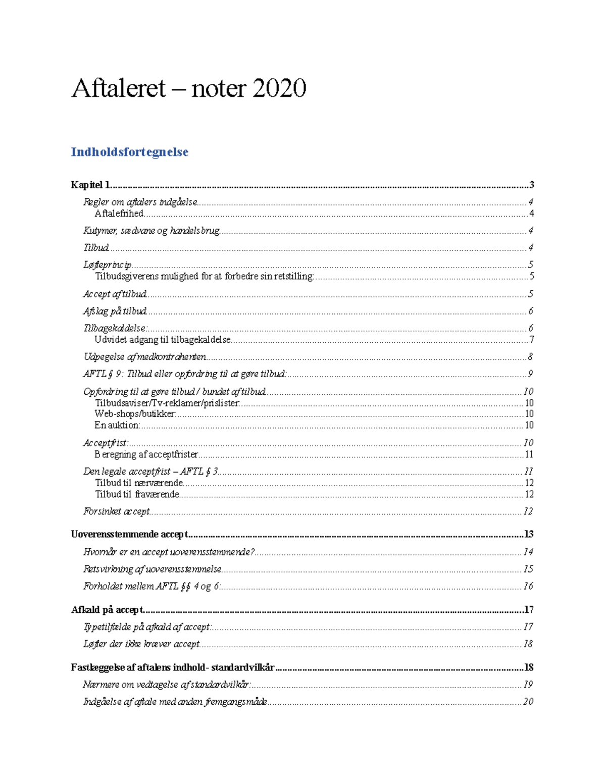 Aftaleret Noter Indholdsfortegnelse Aftaleret Noter Kapitel Studocu