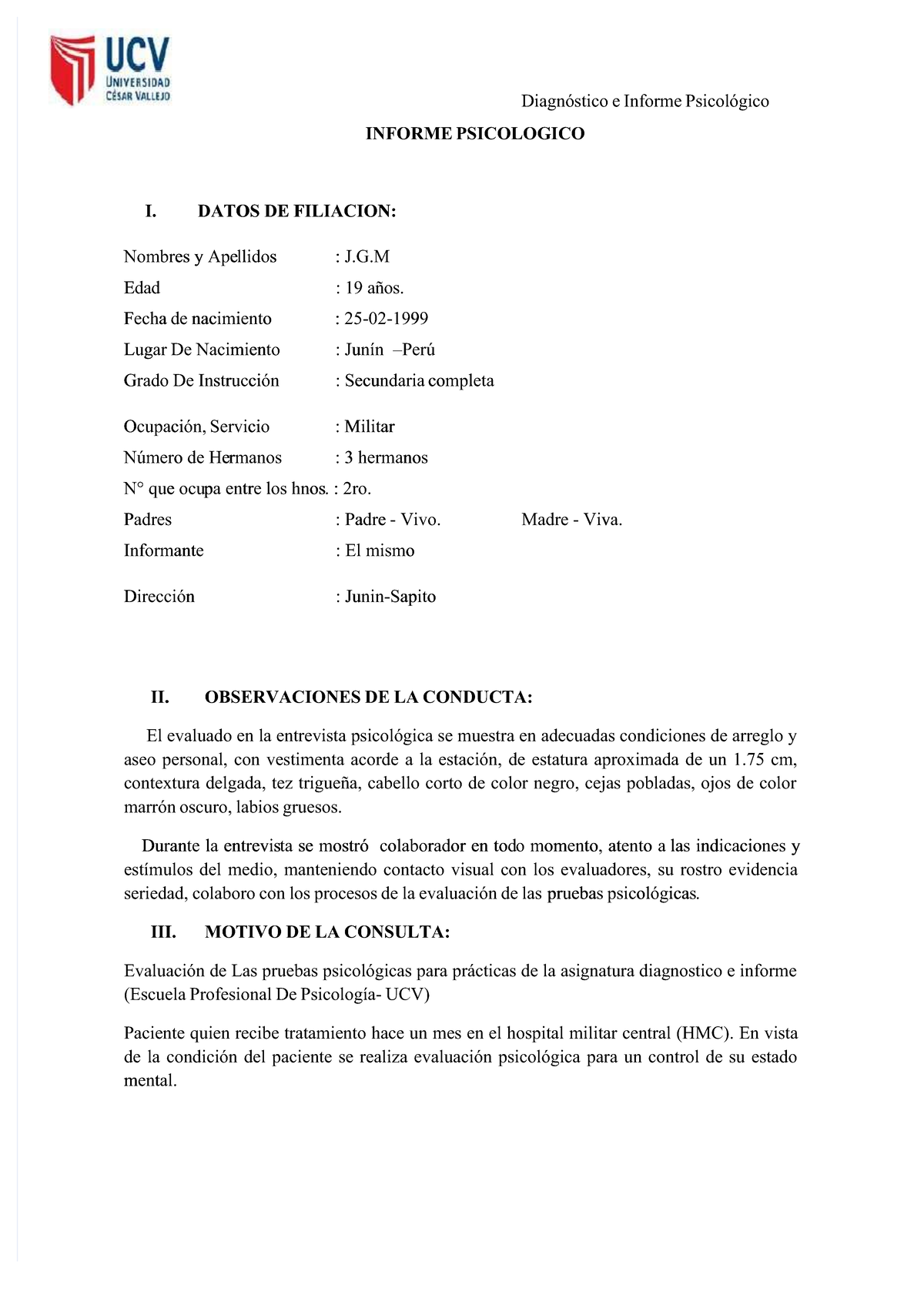 Informe De Psicología Ejemplo Diagnóstico E Informe