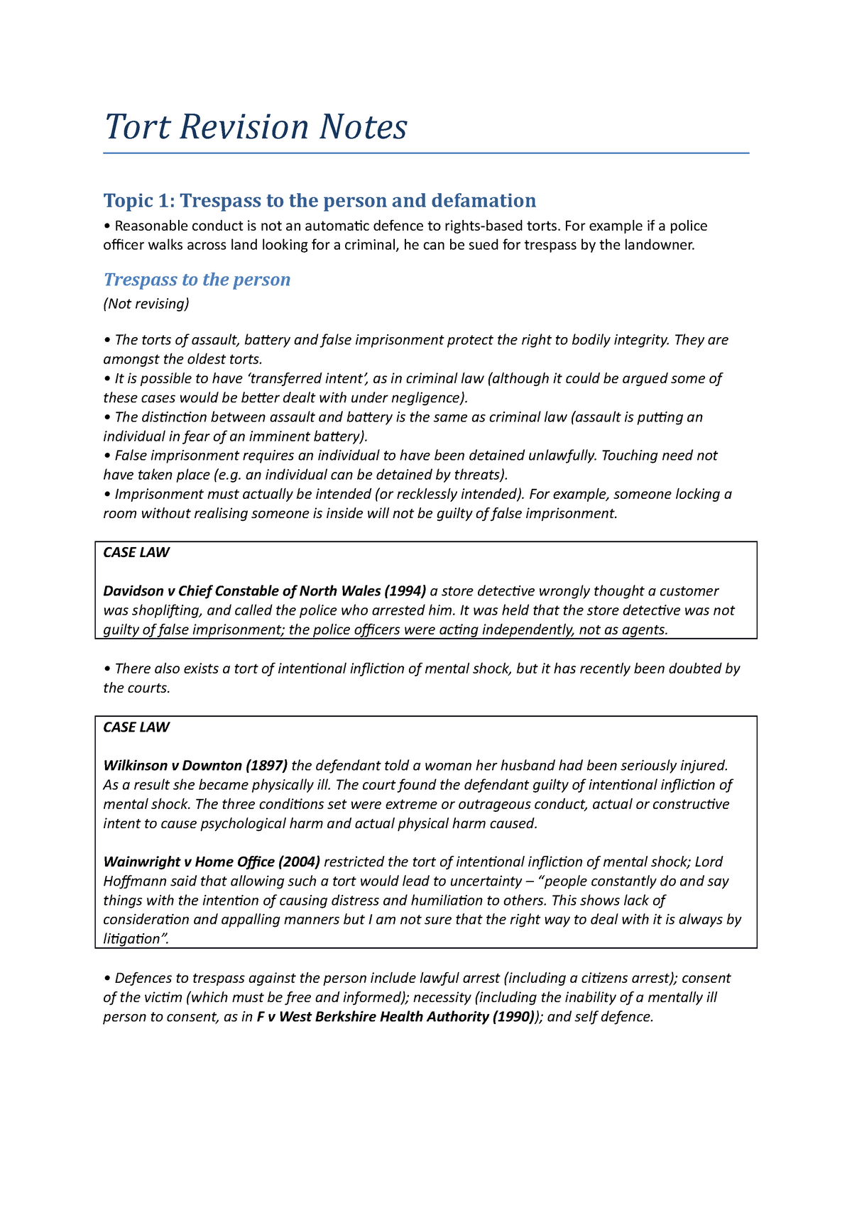 Tort Revision Notes Summary Advanced Law Of Torts Tort Revision