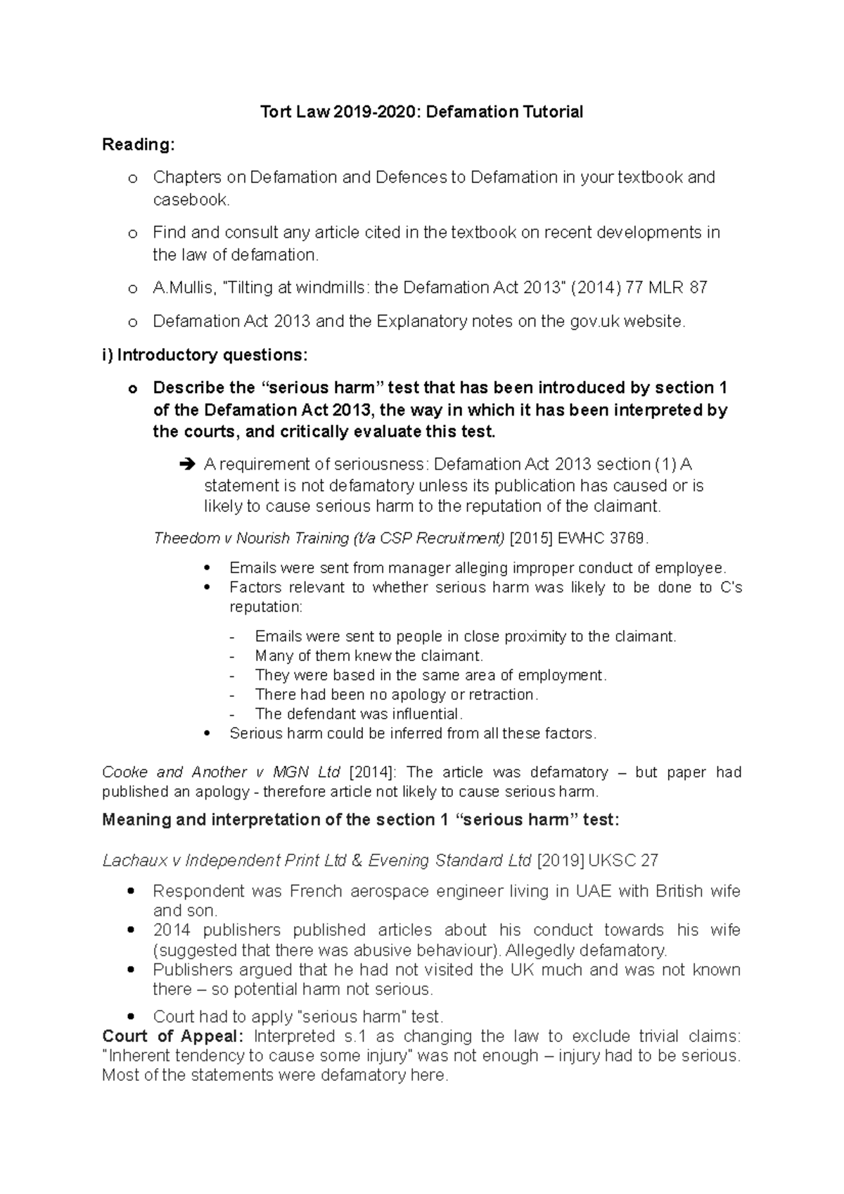 Tort Law Defamation Tut Tort Law 2019 2020 Defamation Tutorial