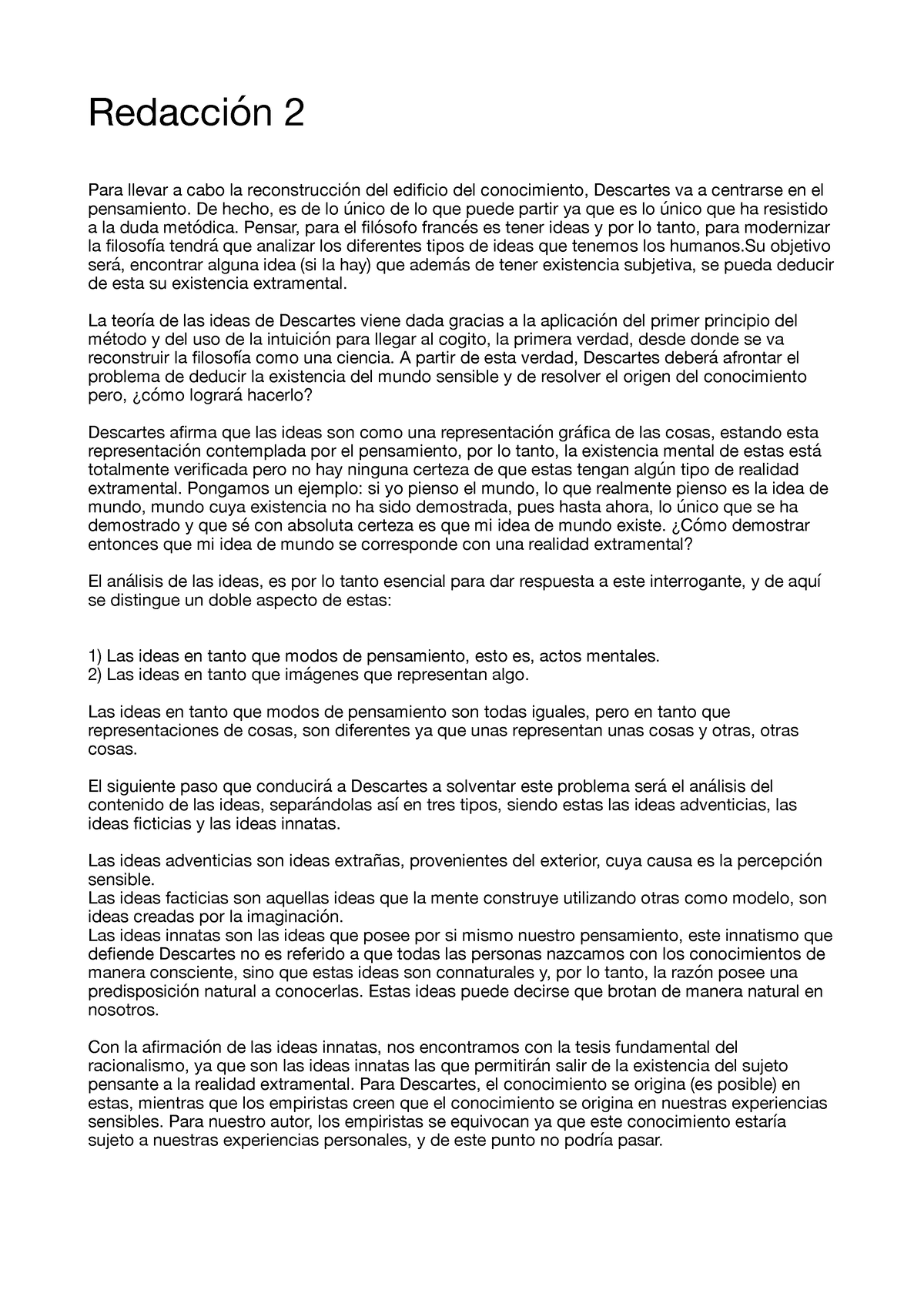 Redacción 2 Filosofía Cartesiana El Concepto De Ideas En Descartes Y