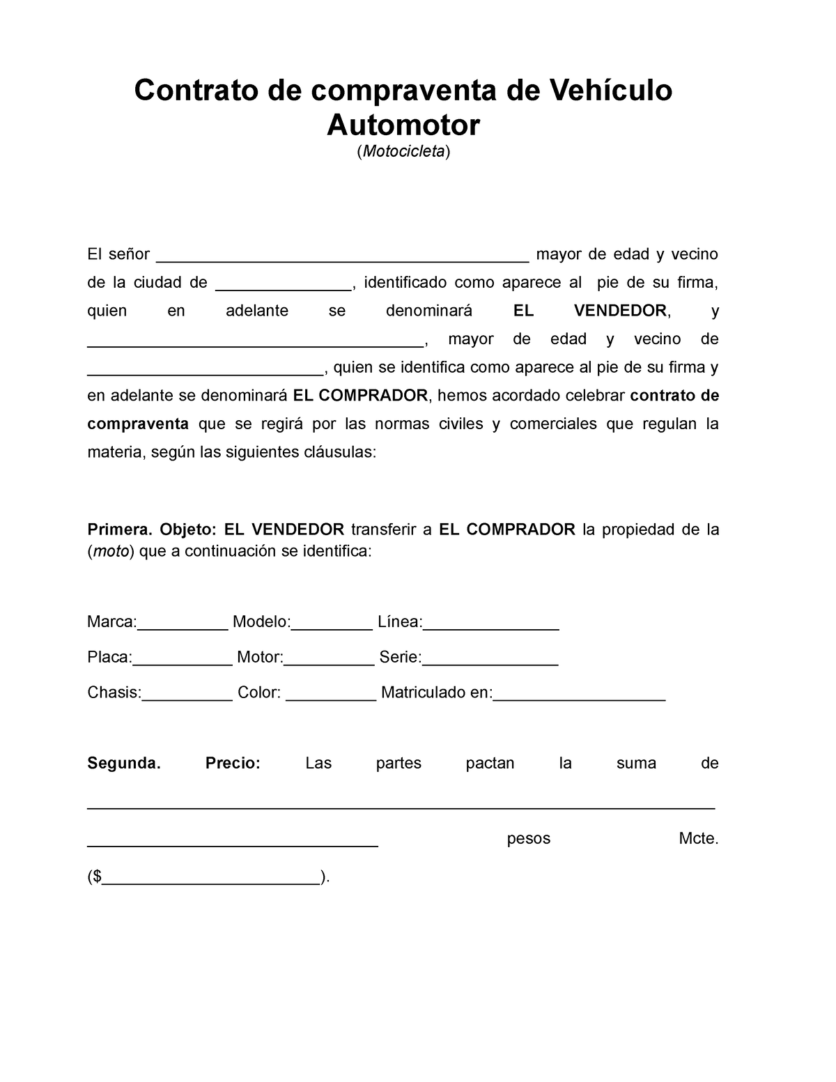 Contrato Compraventa De Carro Y Moto Contrato De Compraventa De