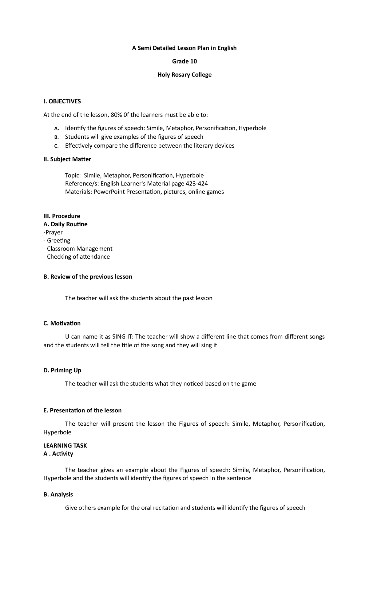 Semi Detailed Lesson Plan Hrc Figures Of Speech A Semi Detailed