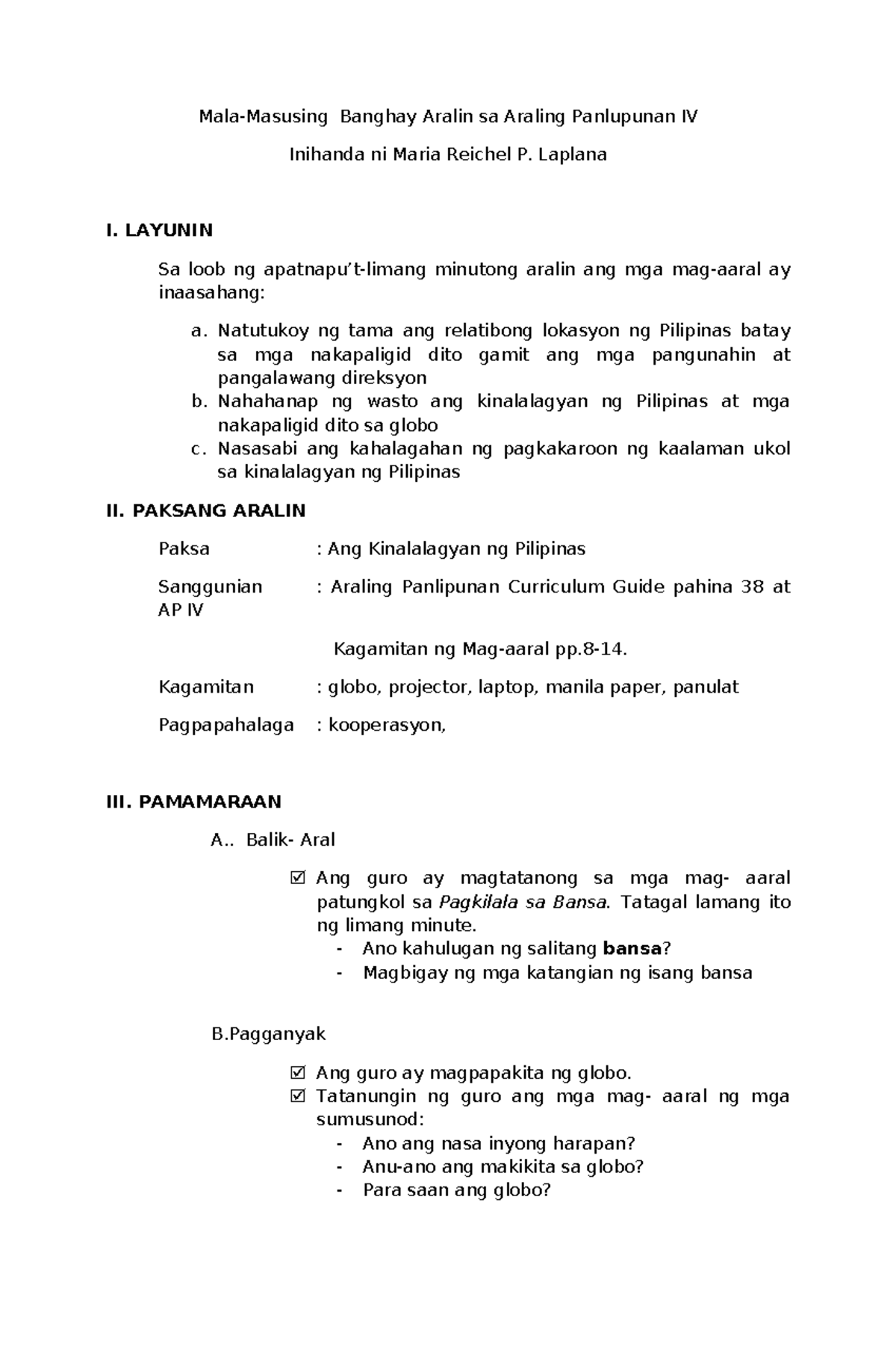 Semi Detailed Lesson Plan Mala Masusing Banghay Aralin Sa Araling