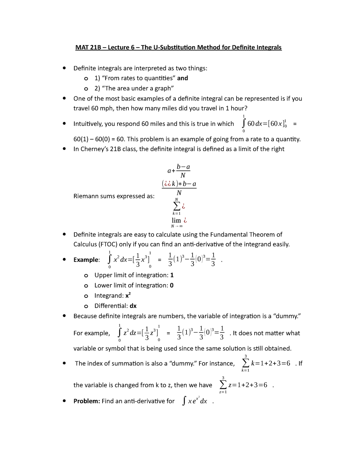 Mat 21b Lecture 6 The U Substitution Method For Indefinite