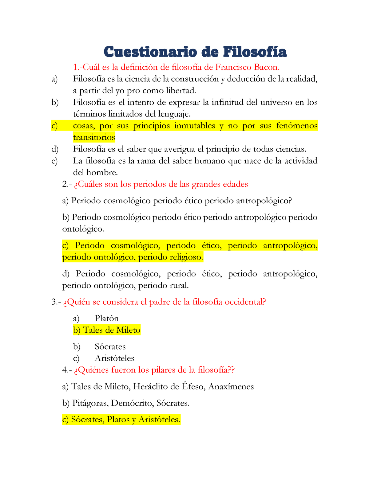 Cuestionario De Filosofiia Cuestionario De Filosofía 1 Cuál Es La