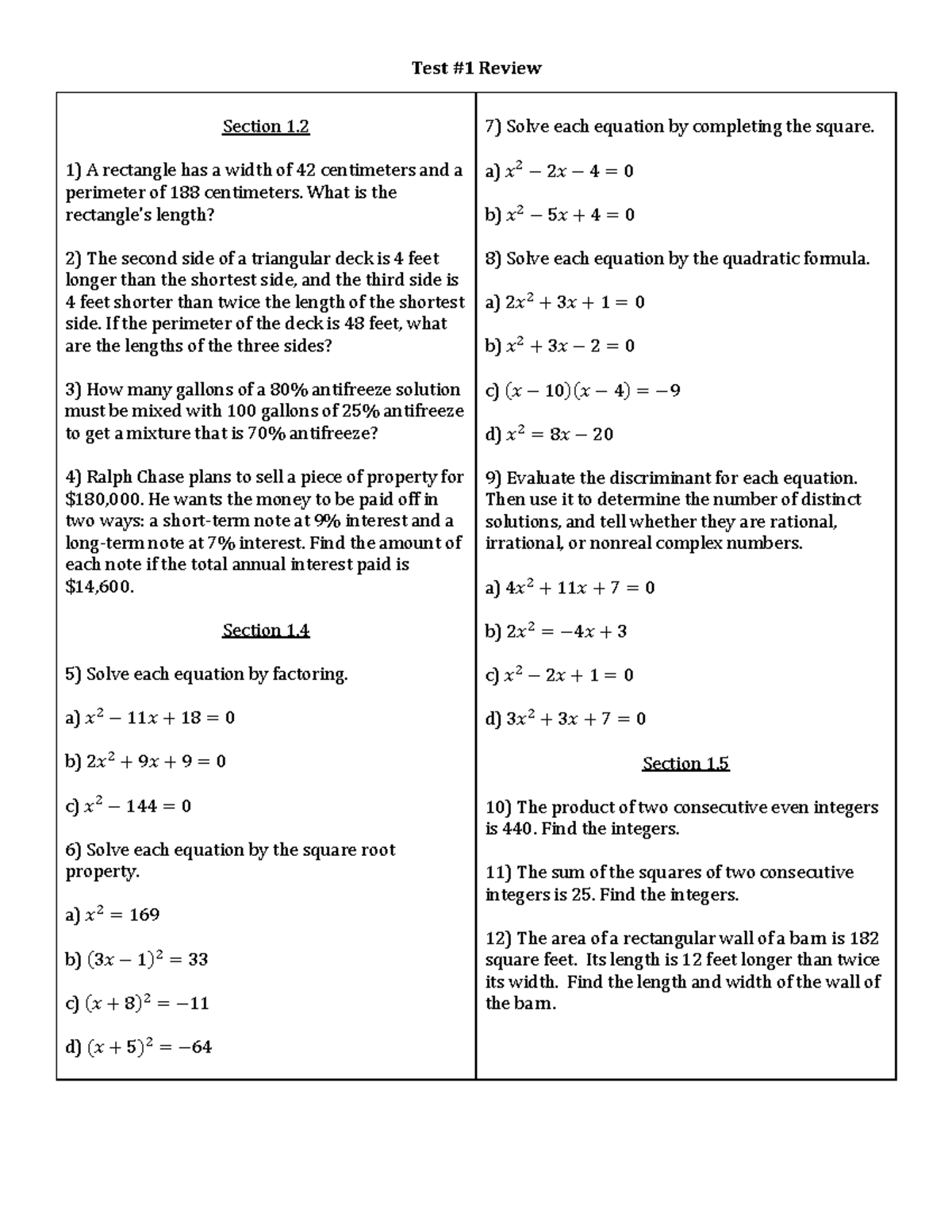 Test 1 Review Practice Questions For Word Problems Factoring