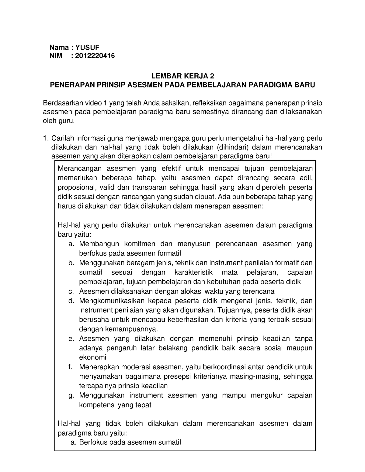 Lembar Kerja 2 Penerapan Prinsip Asesmen Pada Pembelajaran Paradigma