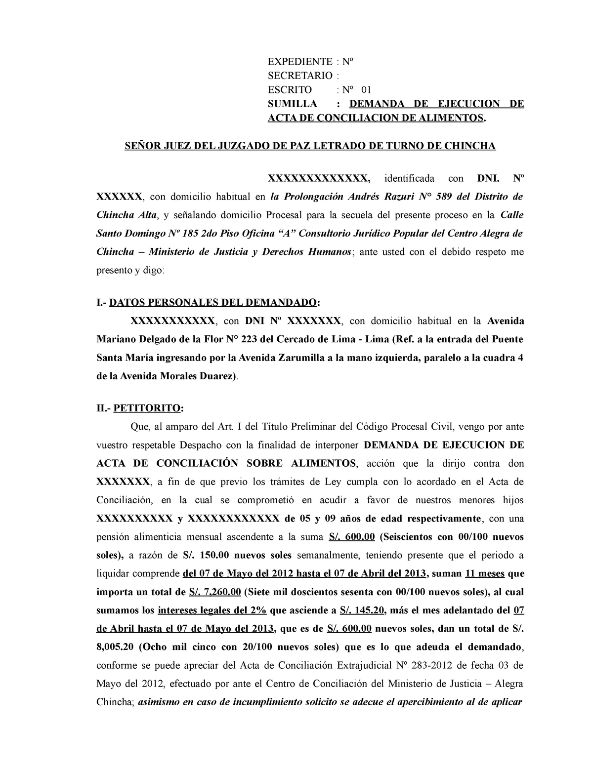 Modelo De Demanda De Ejecucion De Acta De Conciliacion De Alimentos