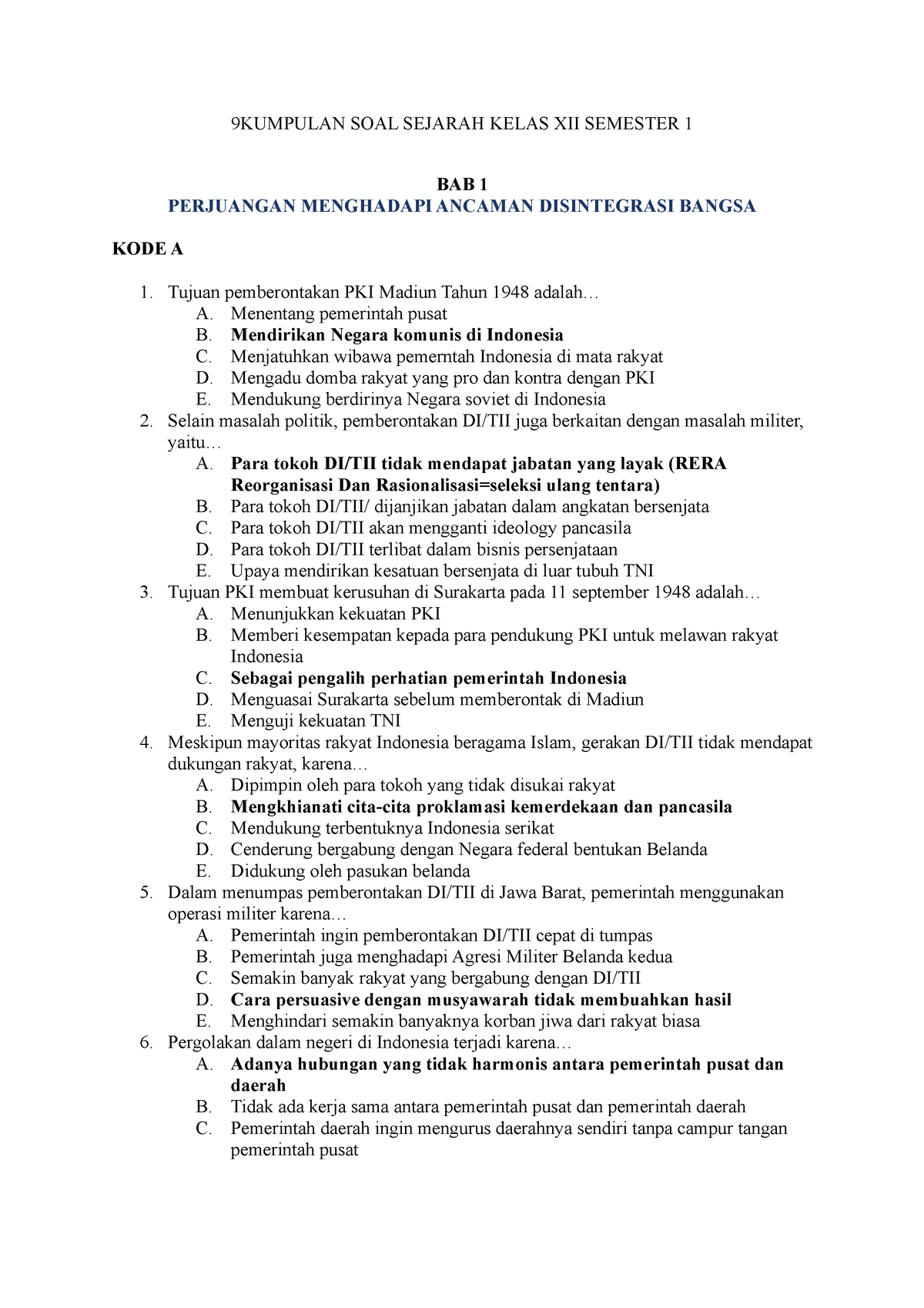 Kumpulan Soal Sejarah 9kumpulan Soal Sejarah Kelas Xii Semester 1 Bab