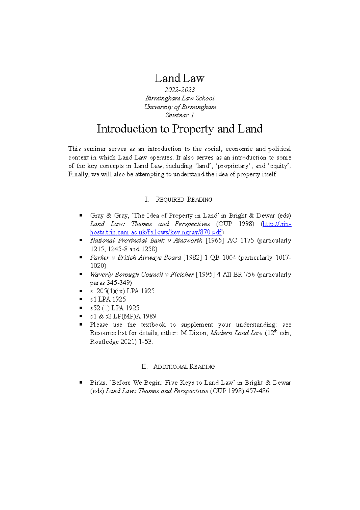 Seminar 1 Introduction Land Law 2022 Birmingham Law School