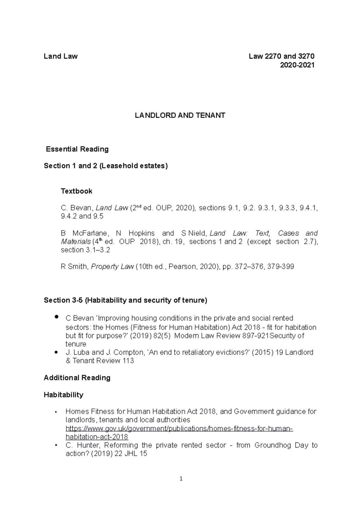 Topic 3 2020 Land Unit 3 Land Law Law 2270 And 3270 2020 Landlord