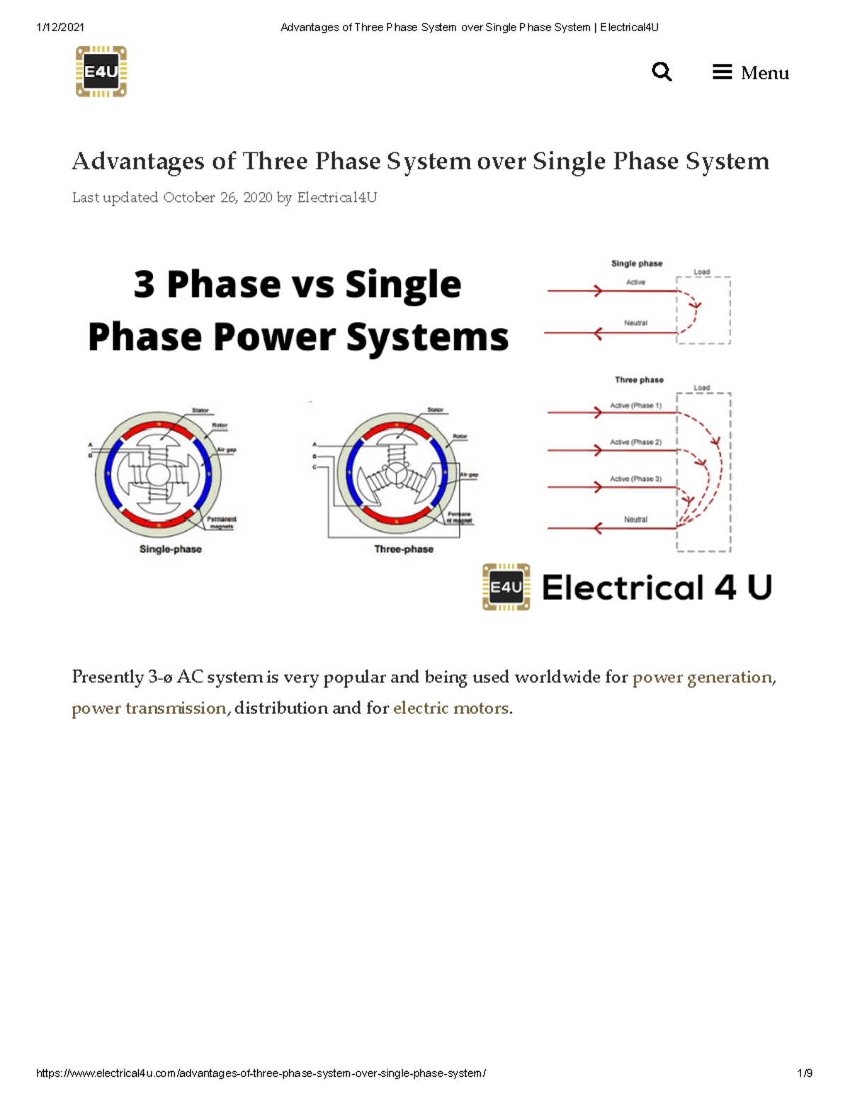 Advantages Of Three Phase System Over Single Phase System Electrical 4u