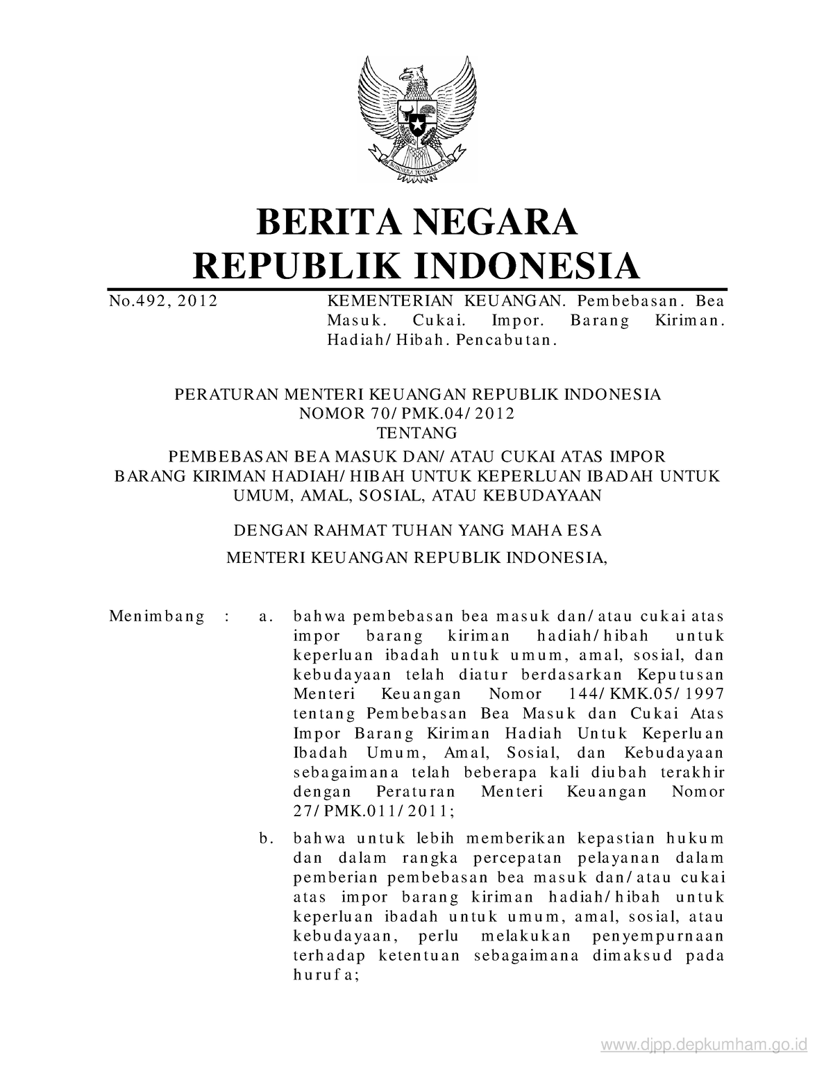 Pmk Nomor 70 Tahun 2012 Berita Negara Republik Indonesia No 2012