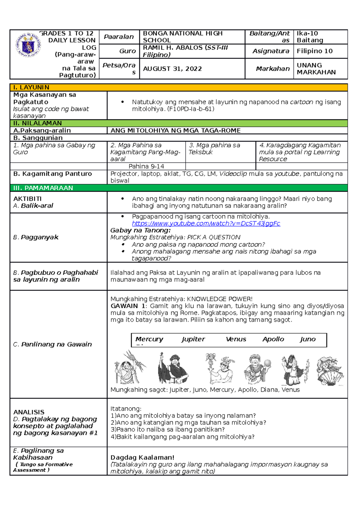 Dll 1 Q1 Daily Lesson Log Grades 1 To 12 Daily Lesson Log Pang