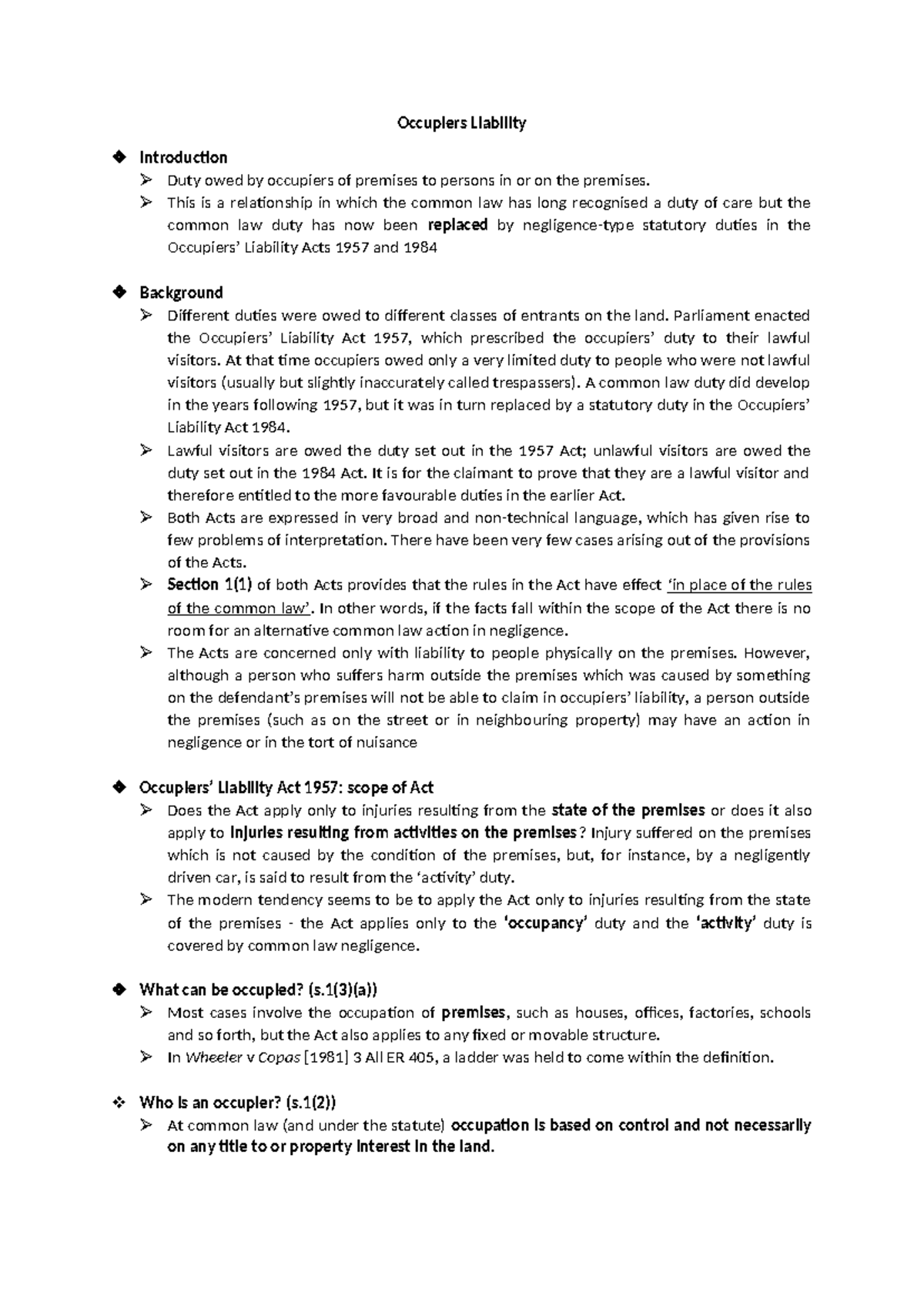 Occupiers Liability Notes Occupiers Liability Introduction Duty