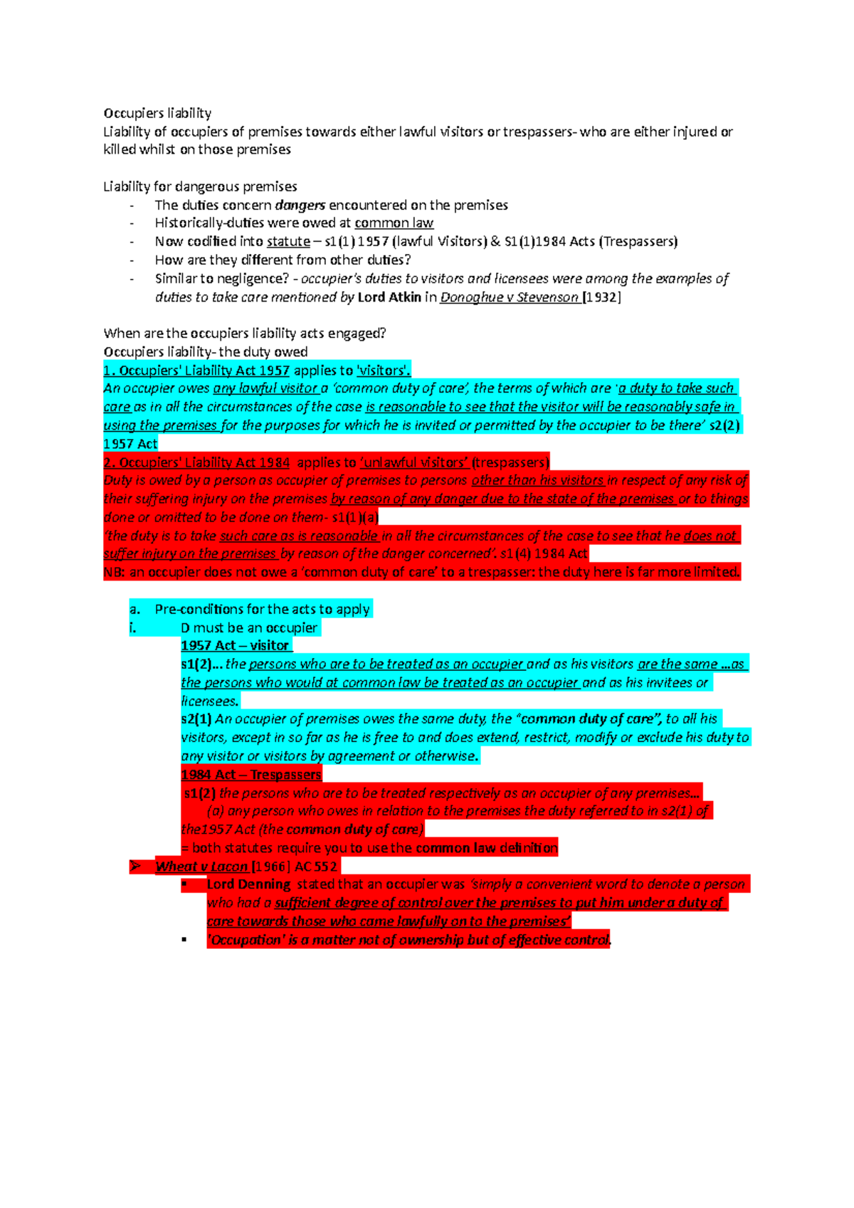 Tort Law Occupiers Liability Occupiers Liability Liability Of