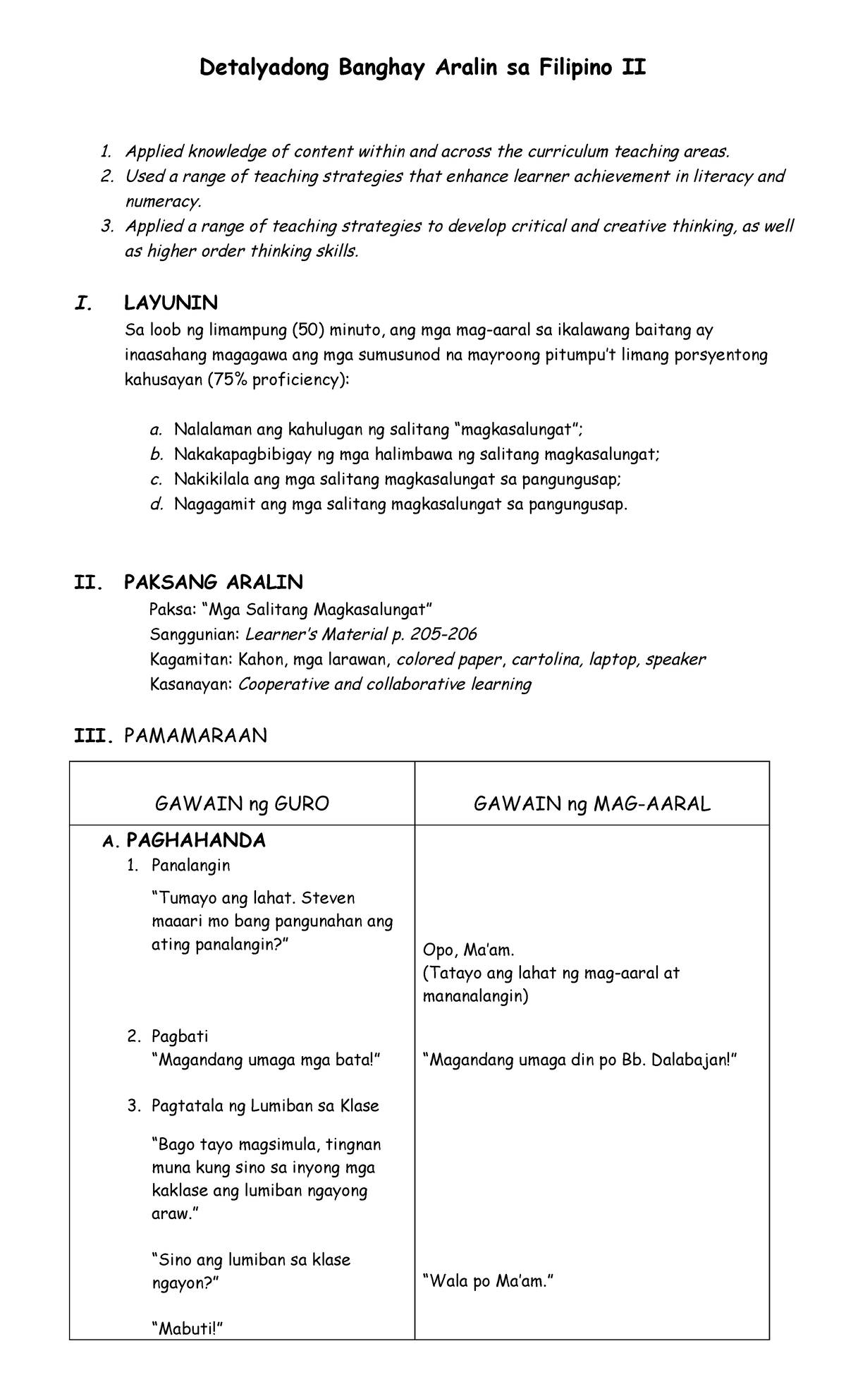 Filipino Detailed Lesson Plan Masusing Banghay Aralin Sa Filipino