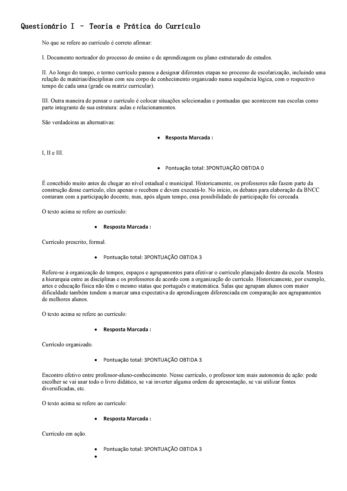 Questionário I Teoria E Prática Do Currículo Documento Norteador Do