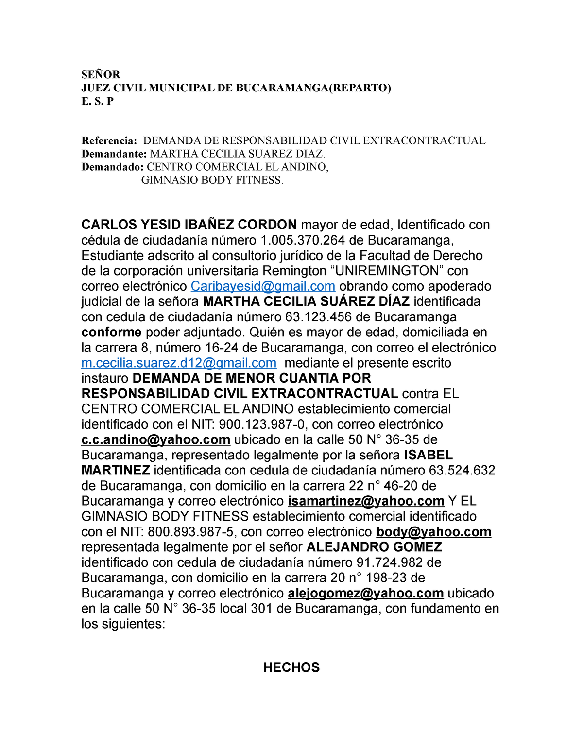 Demanda Resposabilidad Civil Extracontractual Consultorio 1 SeÑor